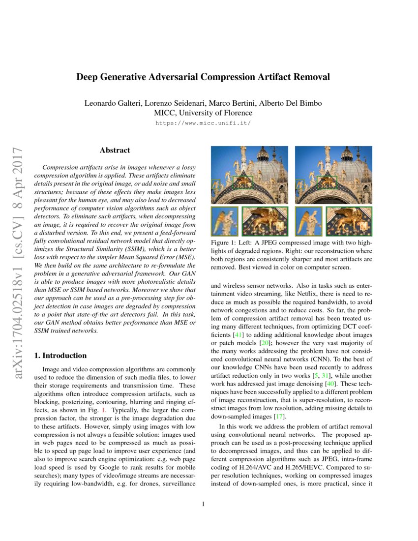 Deep Generative Adversarial Compression Artifact Removal | DeepAI