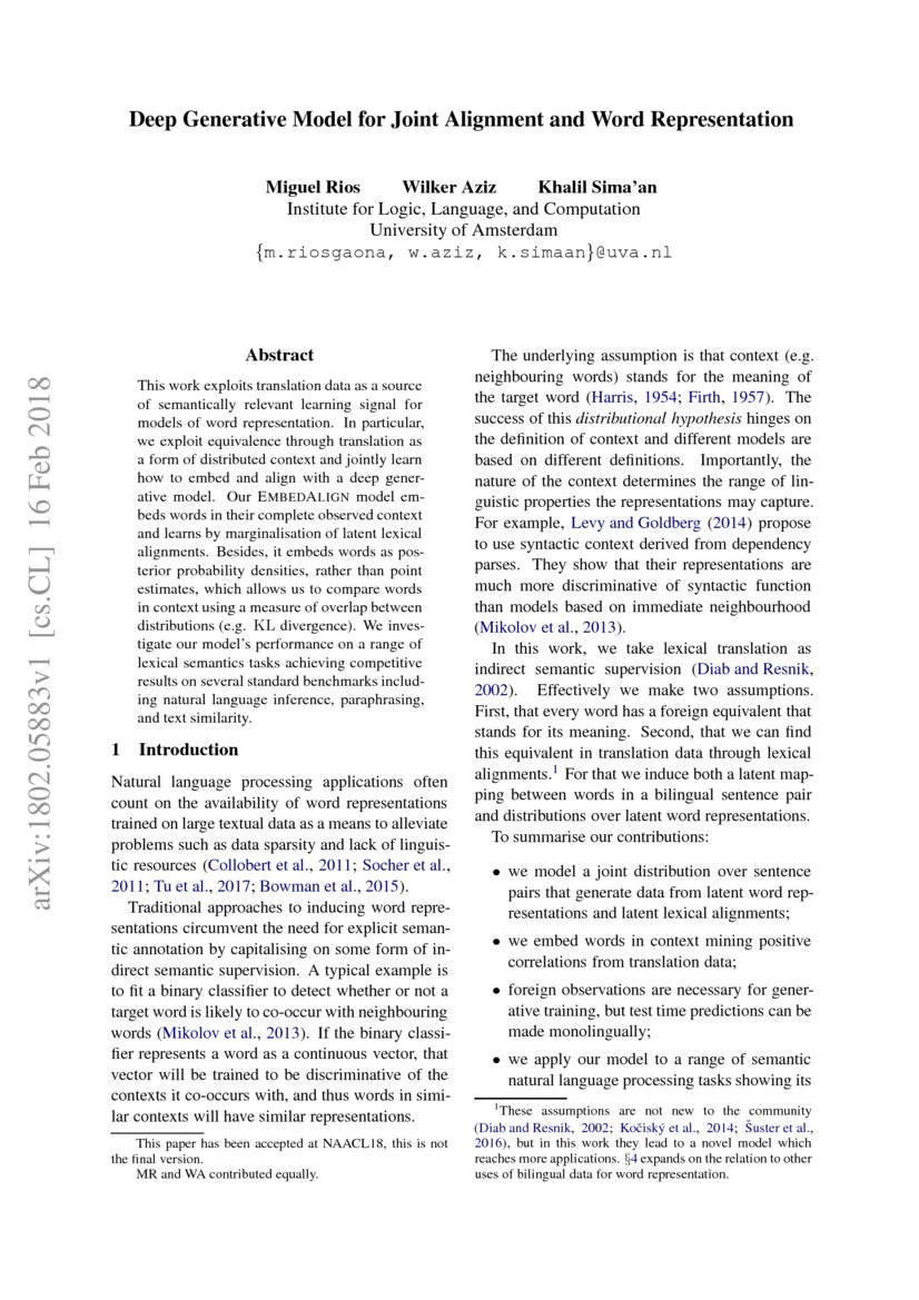 Deep Generative Model For Joint Alignment And Word Representation Deepai