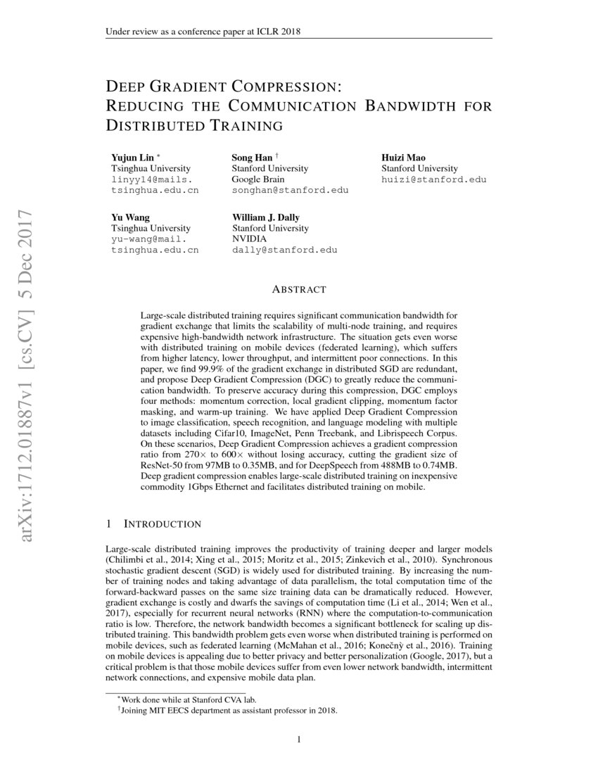 Deep Gradient Compression Reducing The Communication Bandwidth For Distributed Training Deepai 