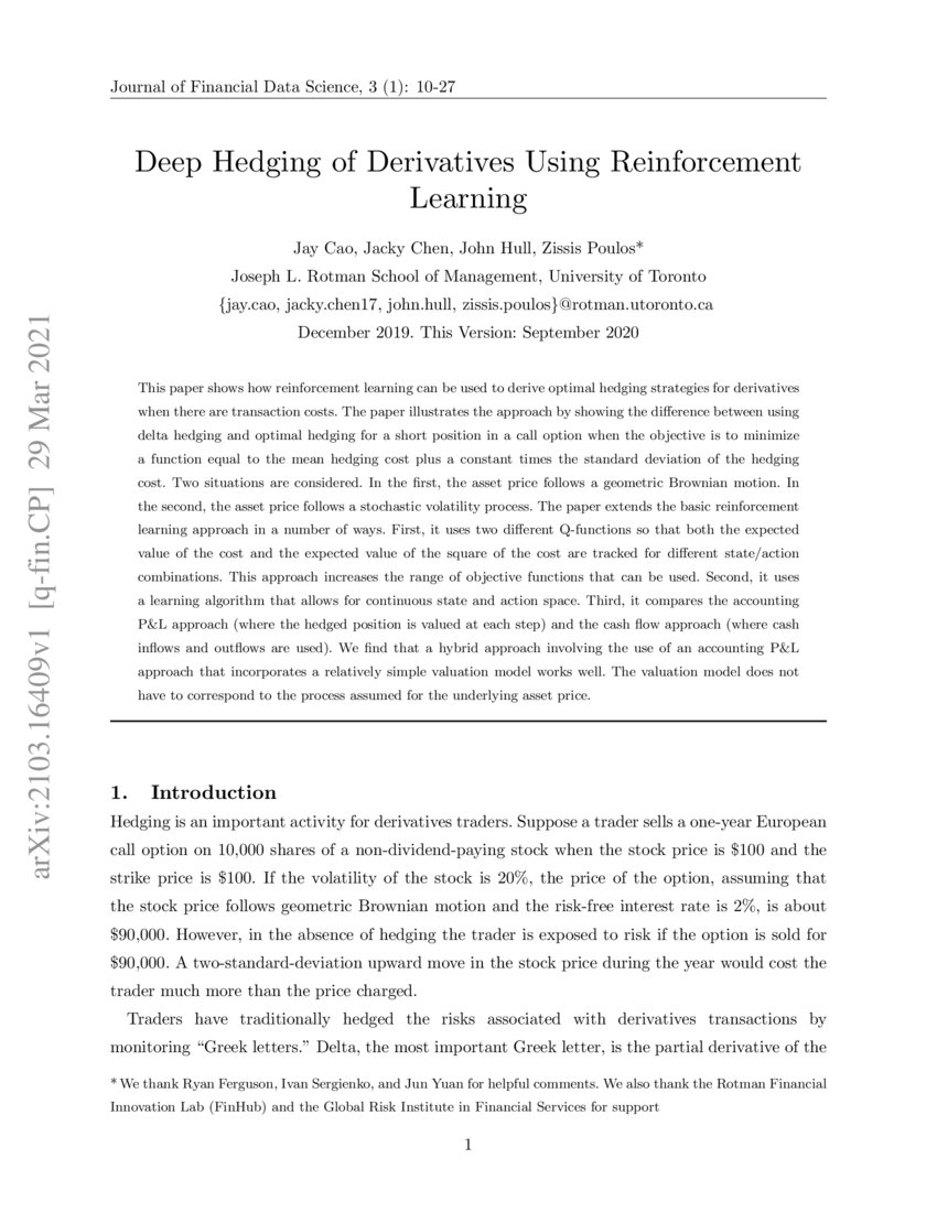 Deep Hedging of Derivatives Using Reinforcement Learning | DeepAI