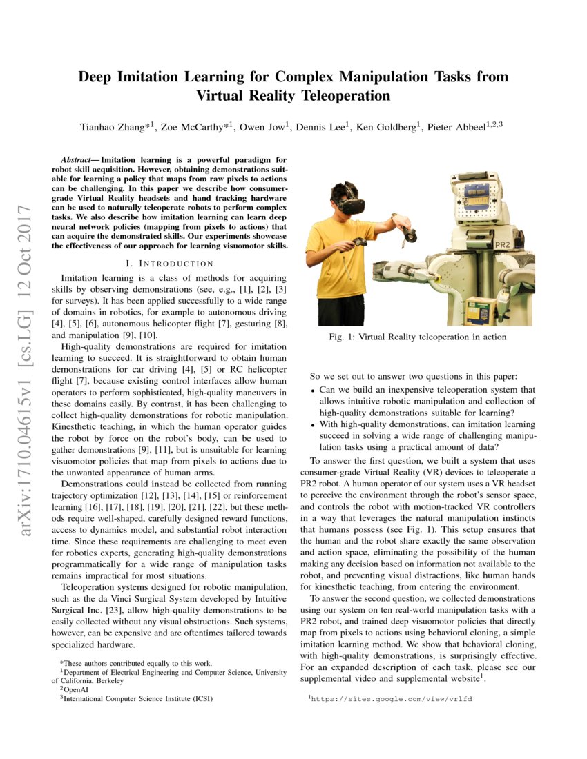 Deep Imitation Learning For Complex Manipulation Tasks From Virtual Reality Teleoperation Deepai 3530