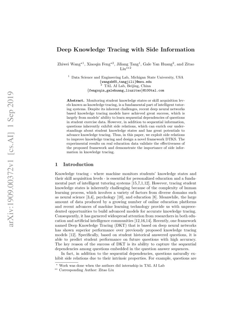 Deep Knowledge Tracing With Side Information Deepai