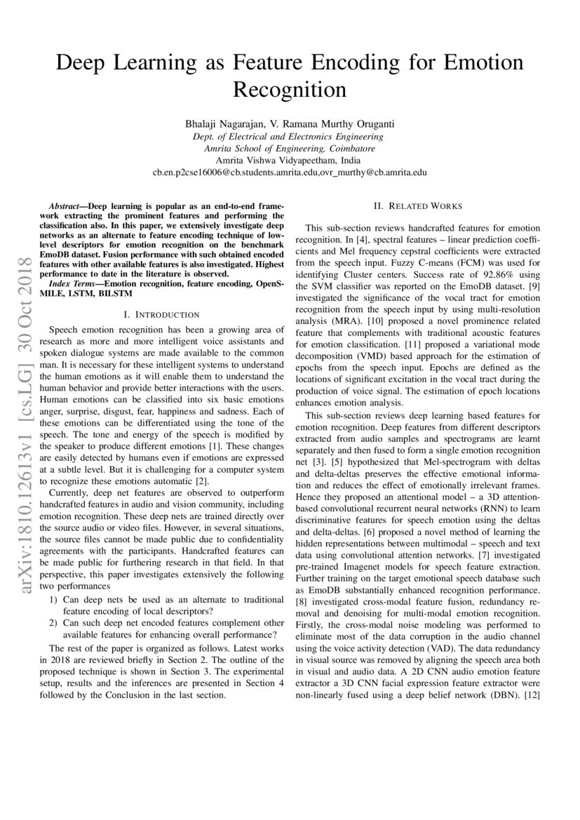 Deep Learning as Feature Encoding for Emotion Recognition | DeepAI