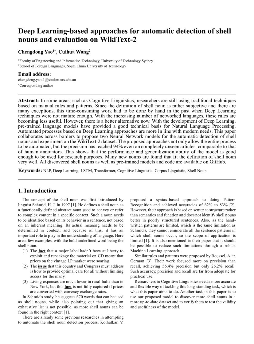 Deep Learning Based Approaches For Automatic Detection Of Shell Nouns And Evaluation On Wikitext