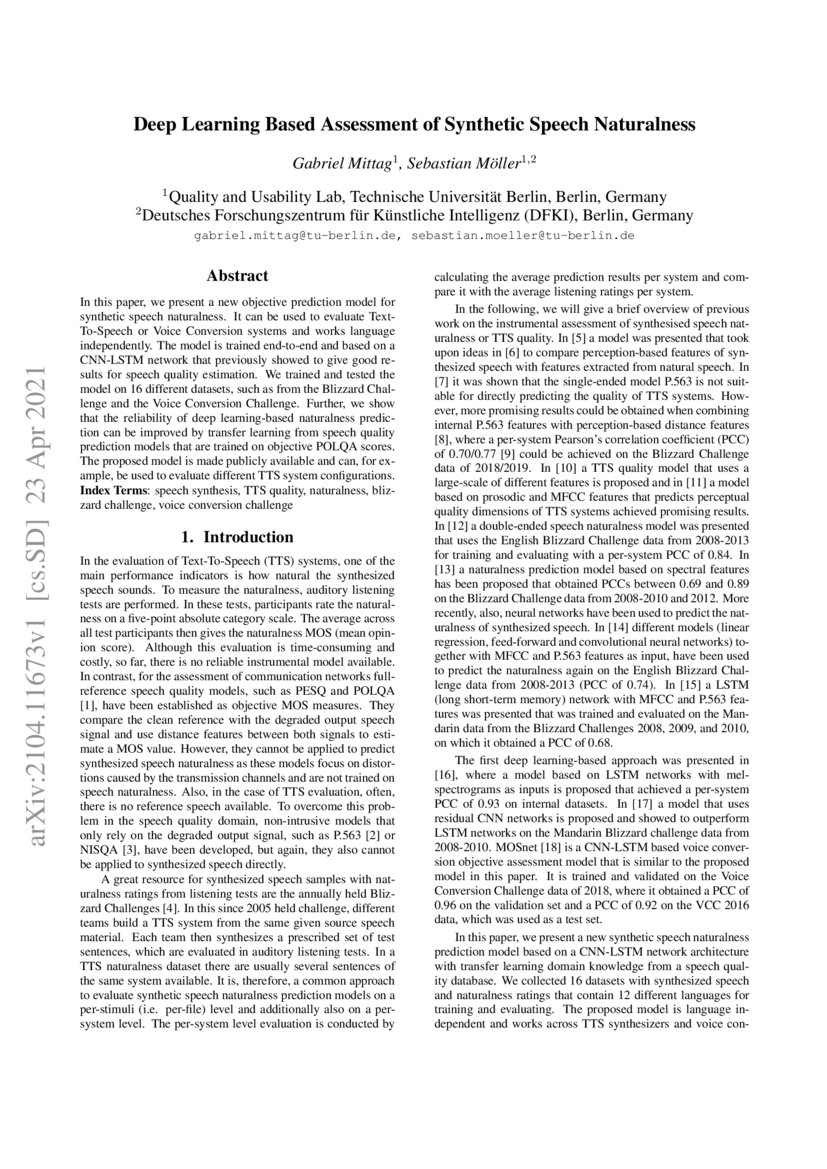 Deep Learning Based Assessment of Synthetic Speech Naturalness | DeepAI