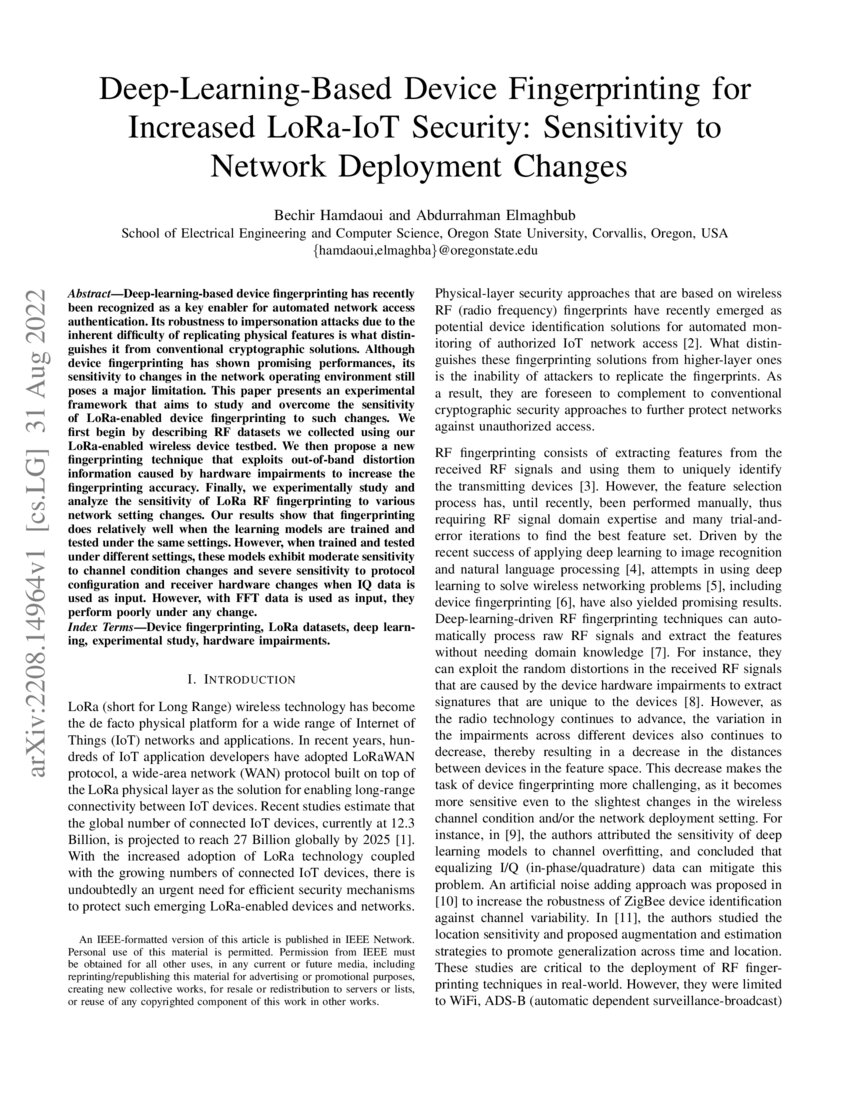 Deep Learning Based Device Fingerprinting For Increased Lora Iot Security Sensitivity To