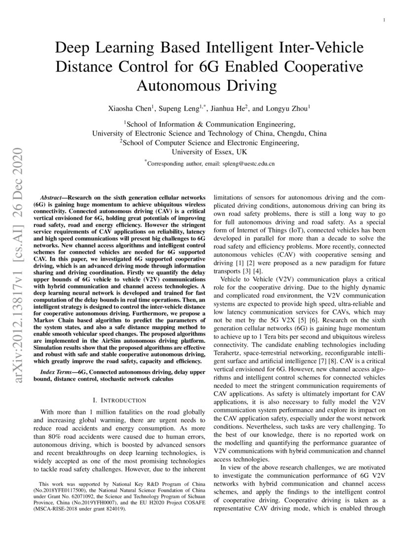 Deep Learning Based Intelligent Inter-Vehicle Distance Control for 6G ...