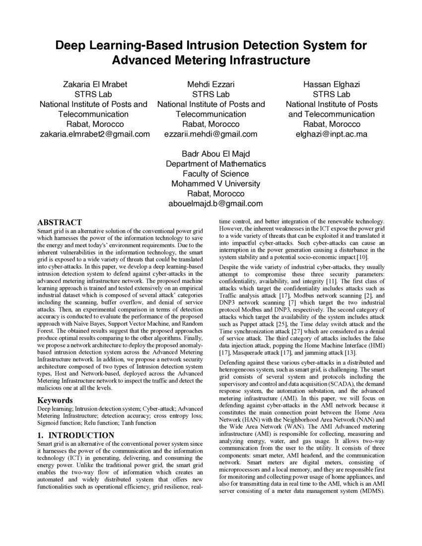 Deep Learning Based Intrusion Detection System For Advanced Metering