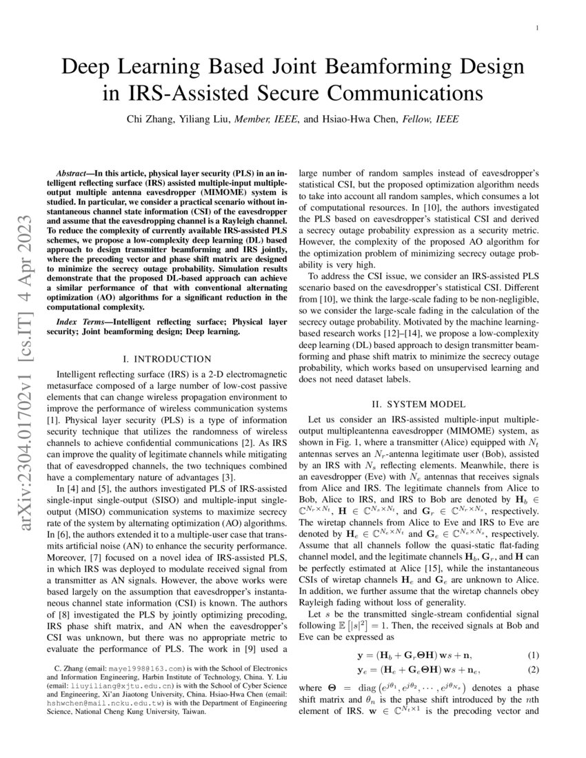 Deep Learning Based Joint Beamforming Design in IRS-Assisted Secure Communications | DeepAI