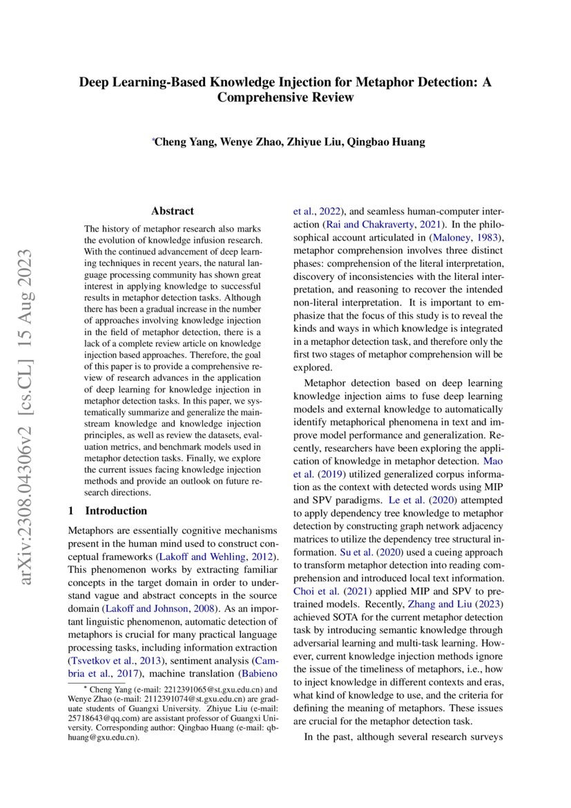 Deep Learning Based Knowledge Injection For Metaphor Detection A Comprehensive Review Deepai