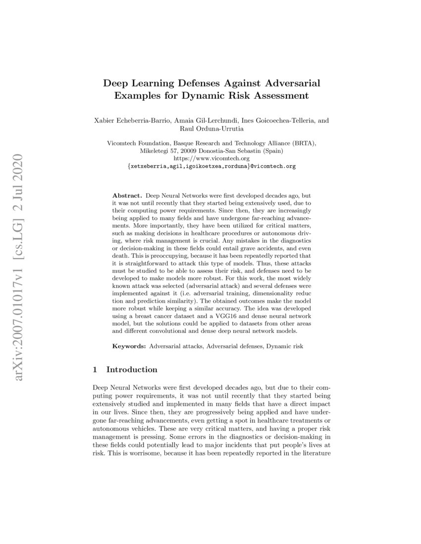 Deep Learning Defenses Against Adversarial Examples for Dynamic Risk ...