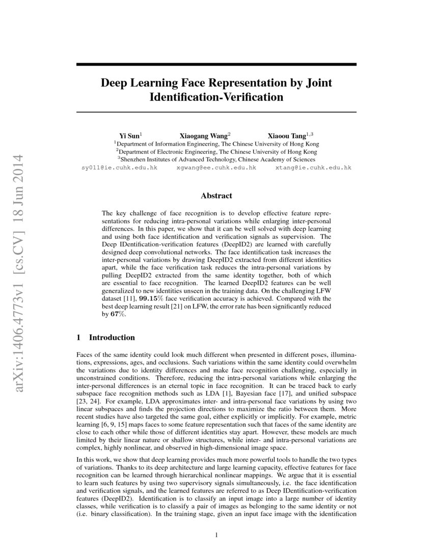 Deep Learning Face Representation By Joint Identification Verification Deepai 