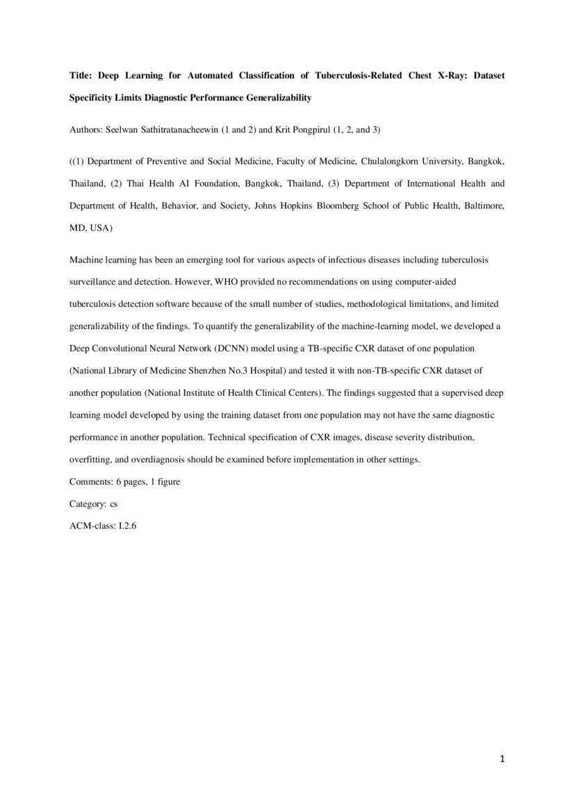 Deep Learning For Automated Classification Of Tuberculosis Related Chest X Ray Dataset