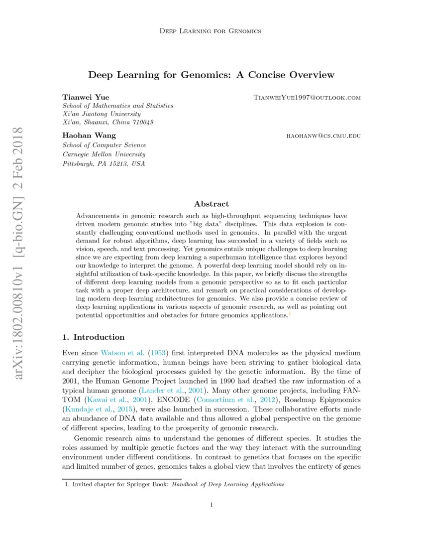Deep Learning for Genomics: A Concise Overview | DeepAI