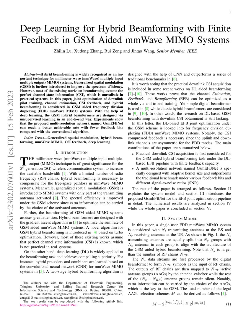Deep Learning For Hybrid Beamforming With Finite Feedback In Gsm Aided Mmwave Mimo Systems Deepai