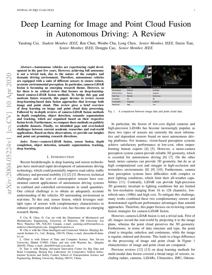 Deep Learning For Image And Point Cloud Fusion In Autonomous Driving A Review Deepai