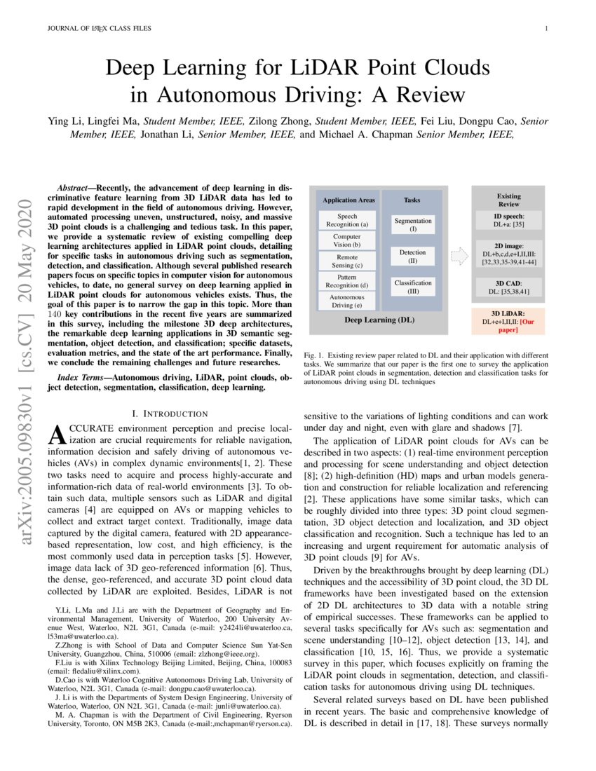 Deep Learning for LiDAR Point Clouds in Autonomous Driving: A Review ...