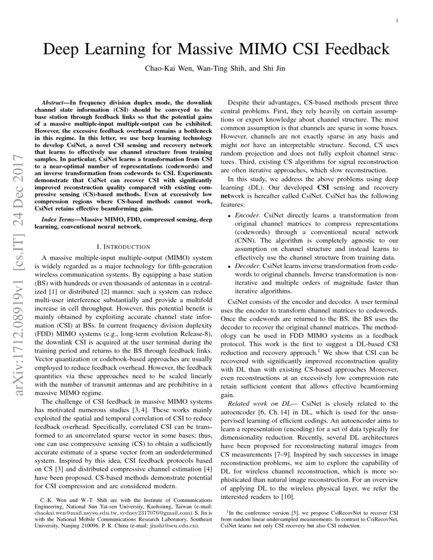 Deep Learning for Massive MIMO CSI Feedback | DeepAI