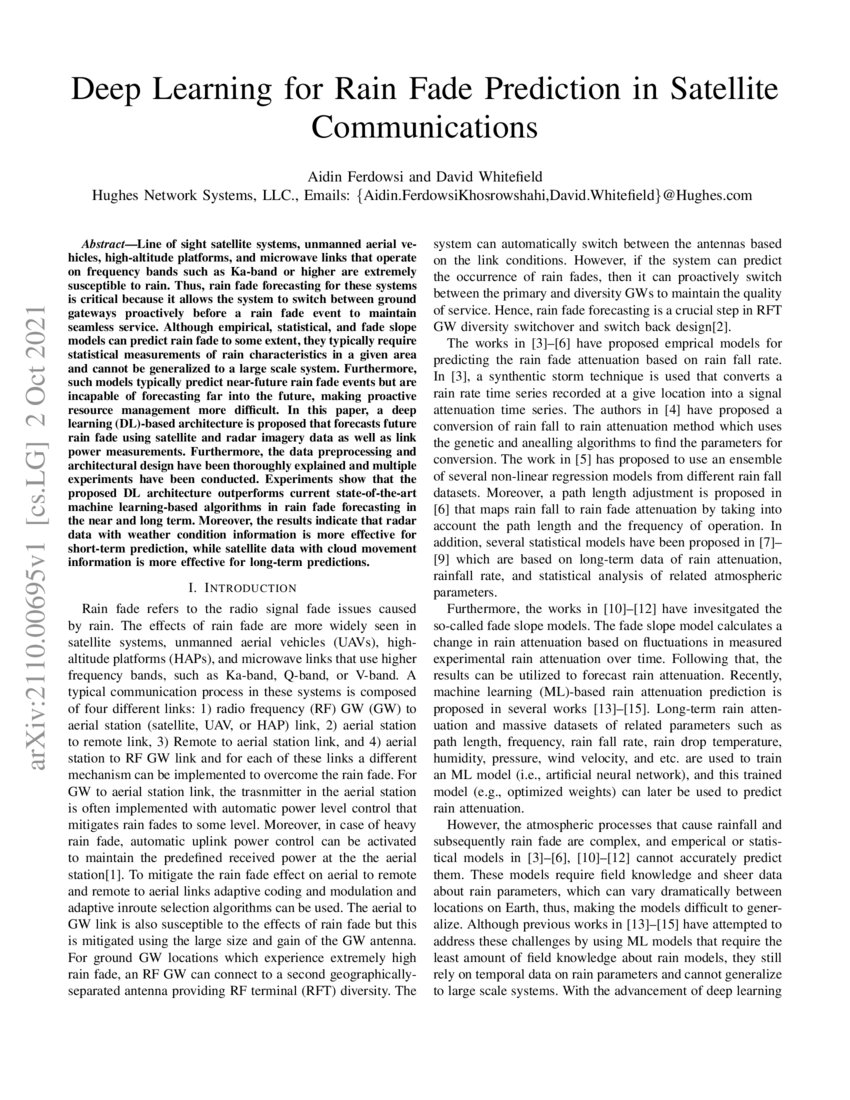Deep Learning for Rain Fade Prediction in Satellite Communications | DeepAI