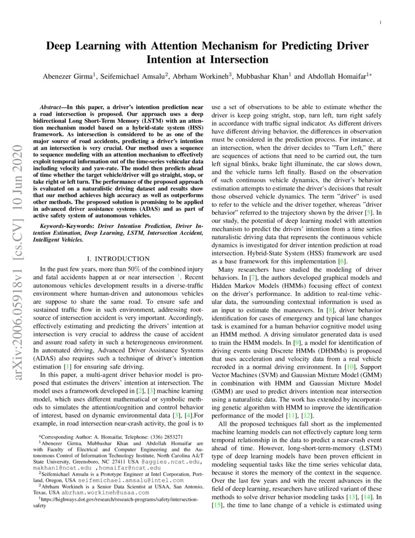 Deep Learning with Attention Mechanism for Predicting Driver Intention at Intersection | DeepAI