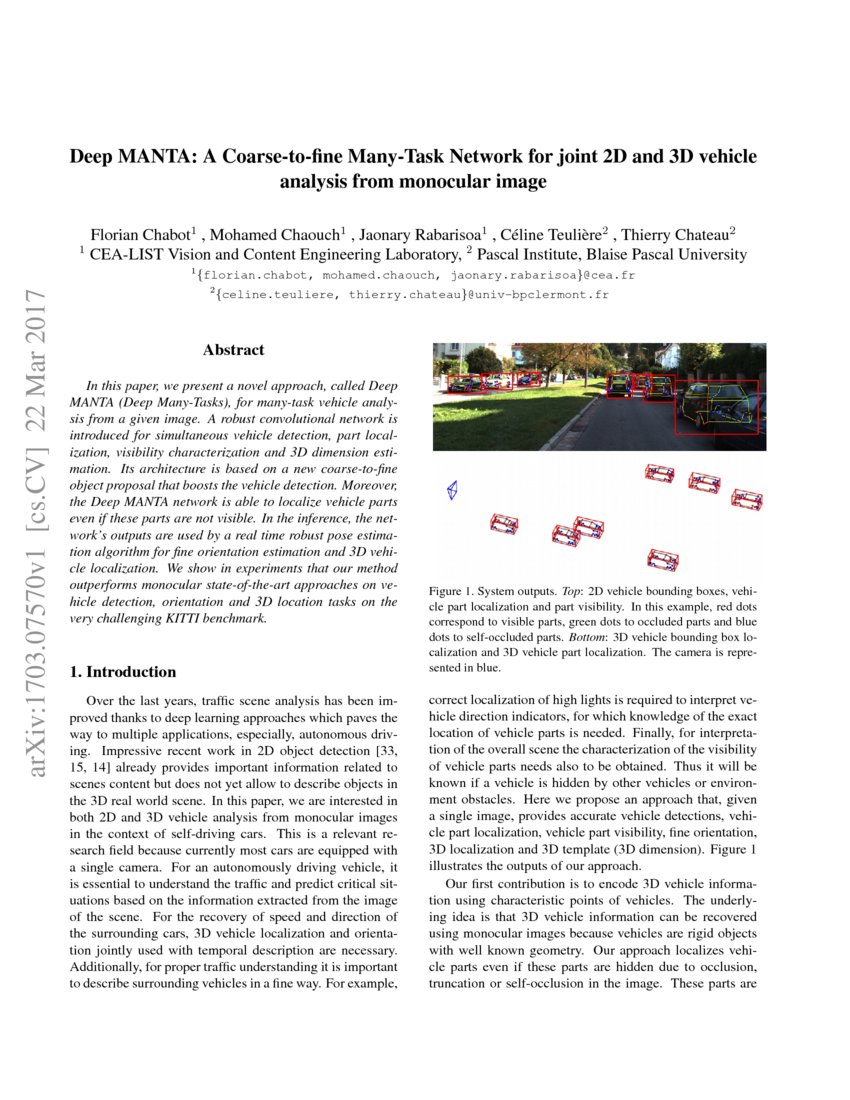 Deep MANTA: A Coarse-to-fine Many-Task Network for joint 2D and 3D vehicle analysis from ...