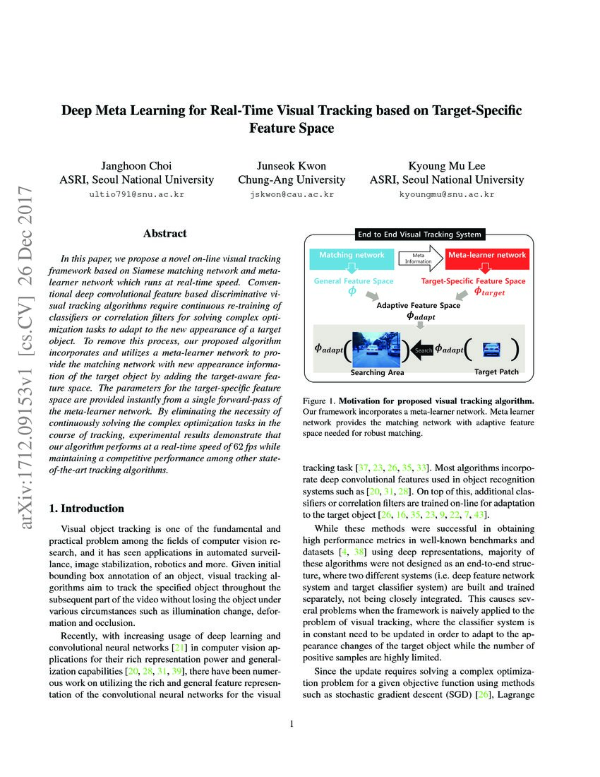Deep Meta Learning for Real-Time Visual Tracking based on Target-Specific Feature Space | DeepAI