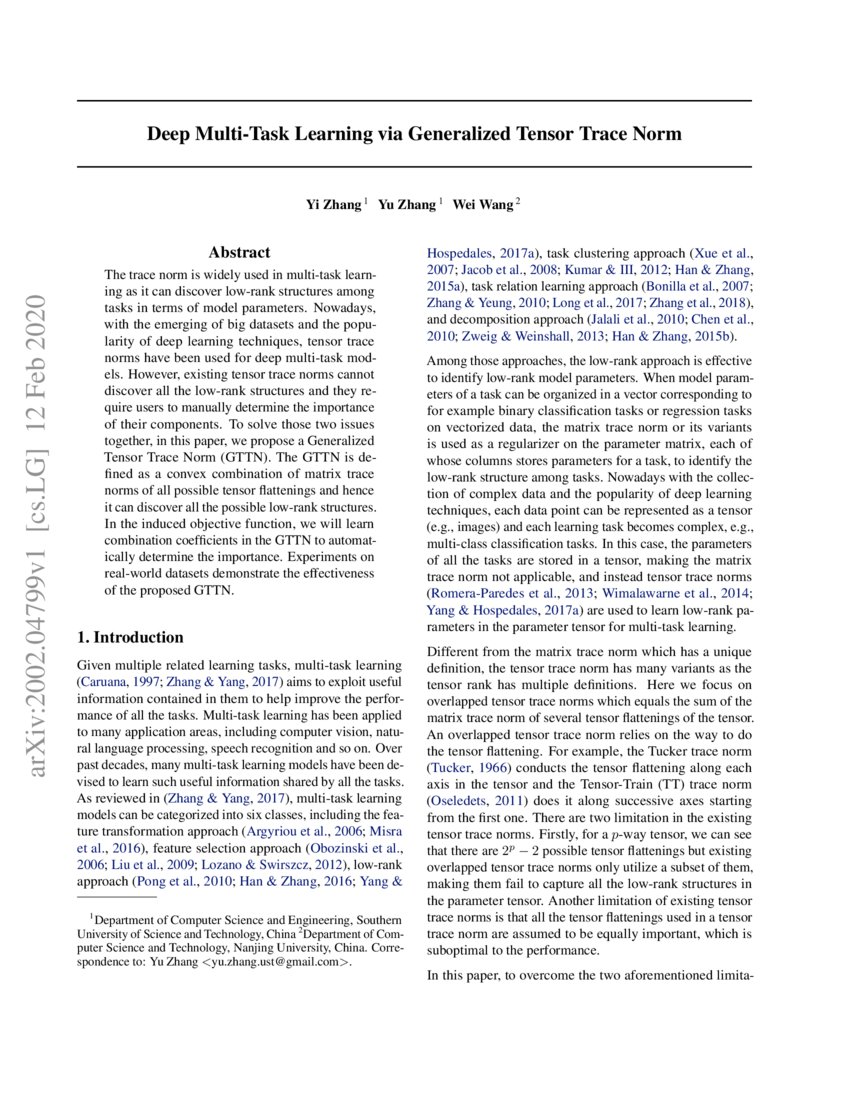 Deep Multi-Task Learning via Generalized Tensor Trace Norm | DeepAI