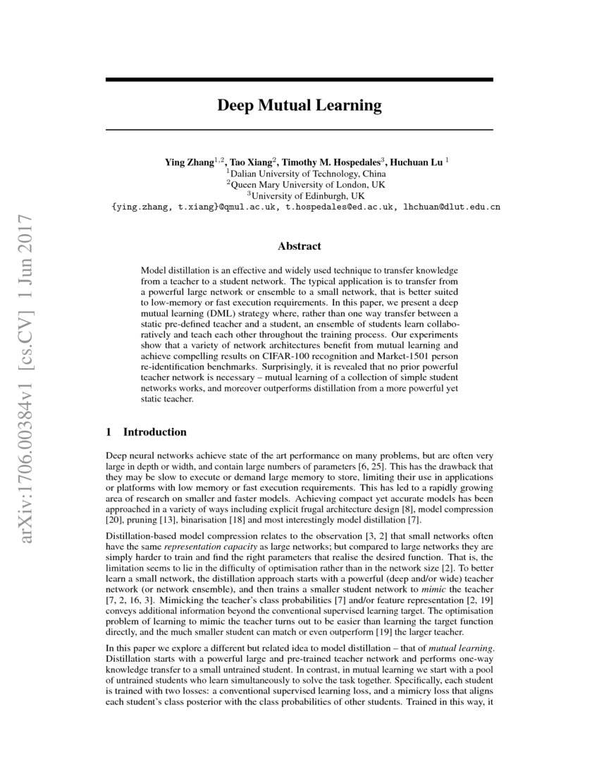 Deep Mutual Learning Deepai 