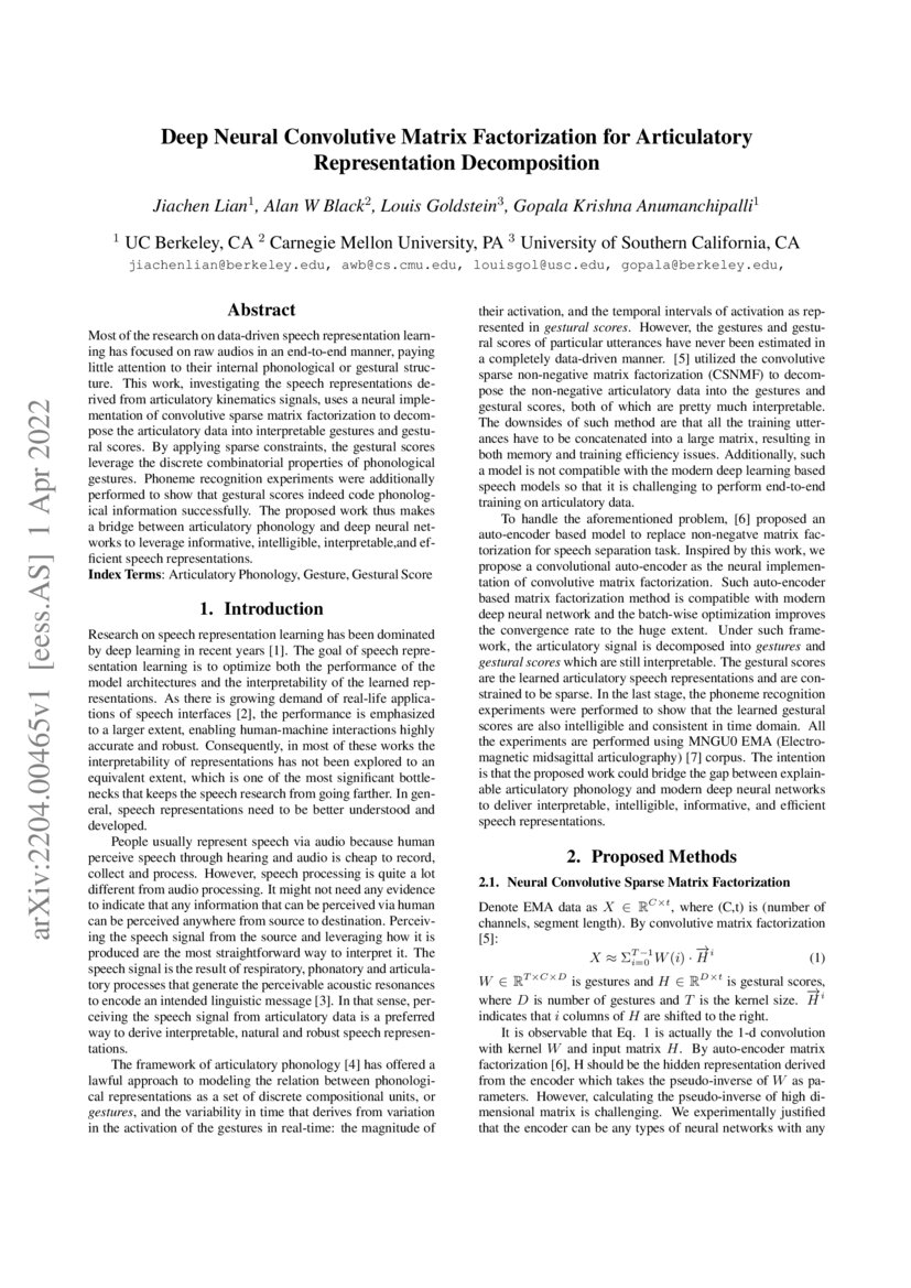 Deep Neural Convolutive Matrix Factorization For Articulatory