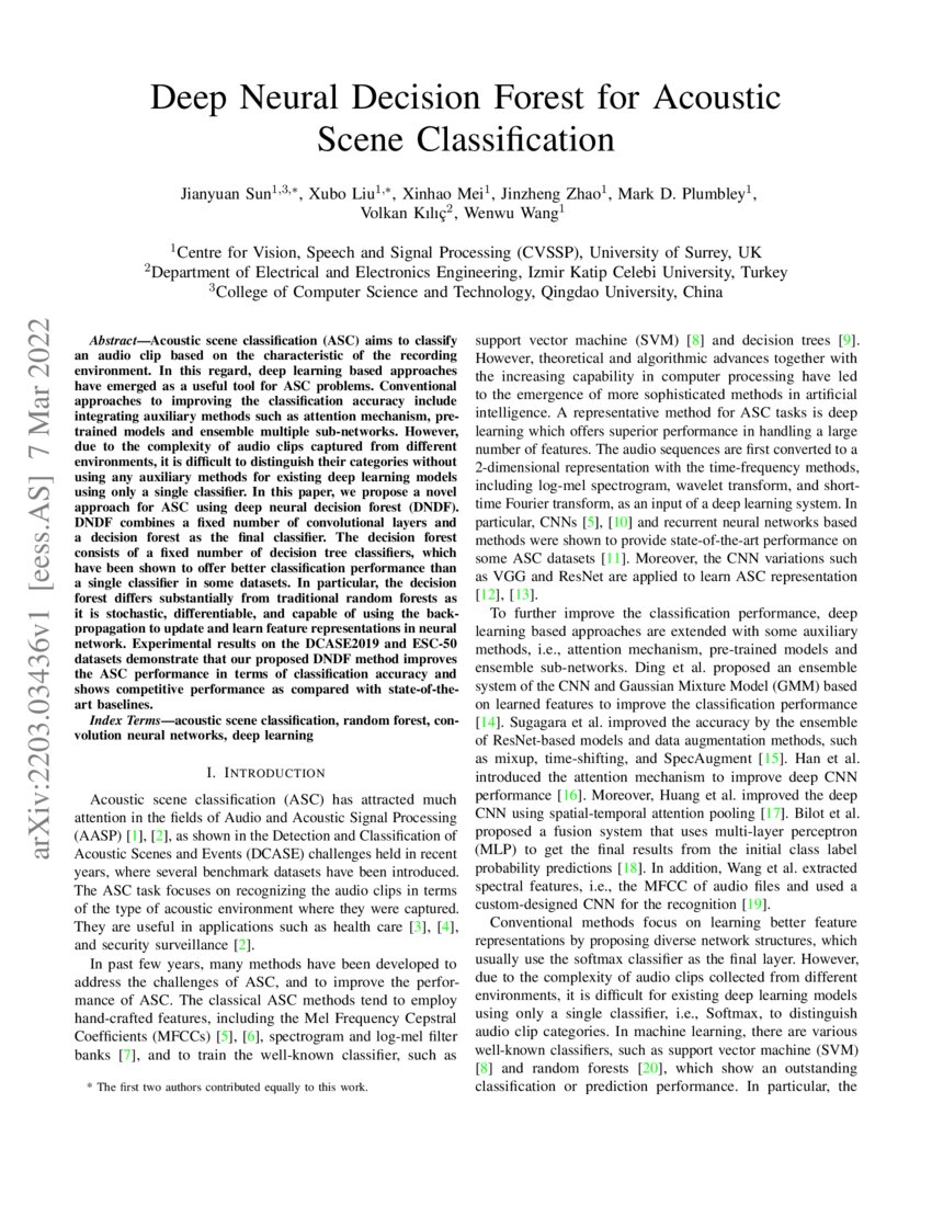 Deep Neural Decision Forest For Acoustic Scene Classification Deepai