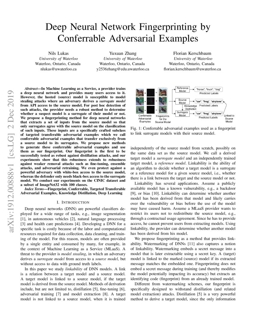 Deep Neural Network Fingerprinting by Conferrable Adversarial Examples | DeepAI