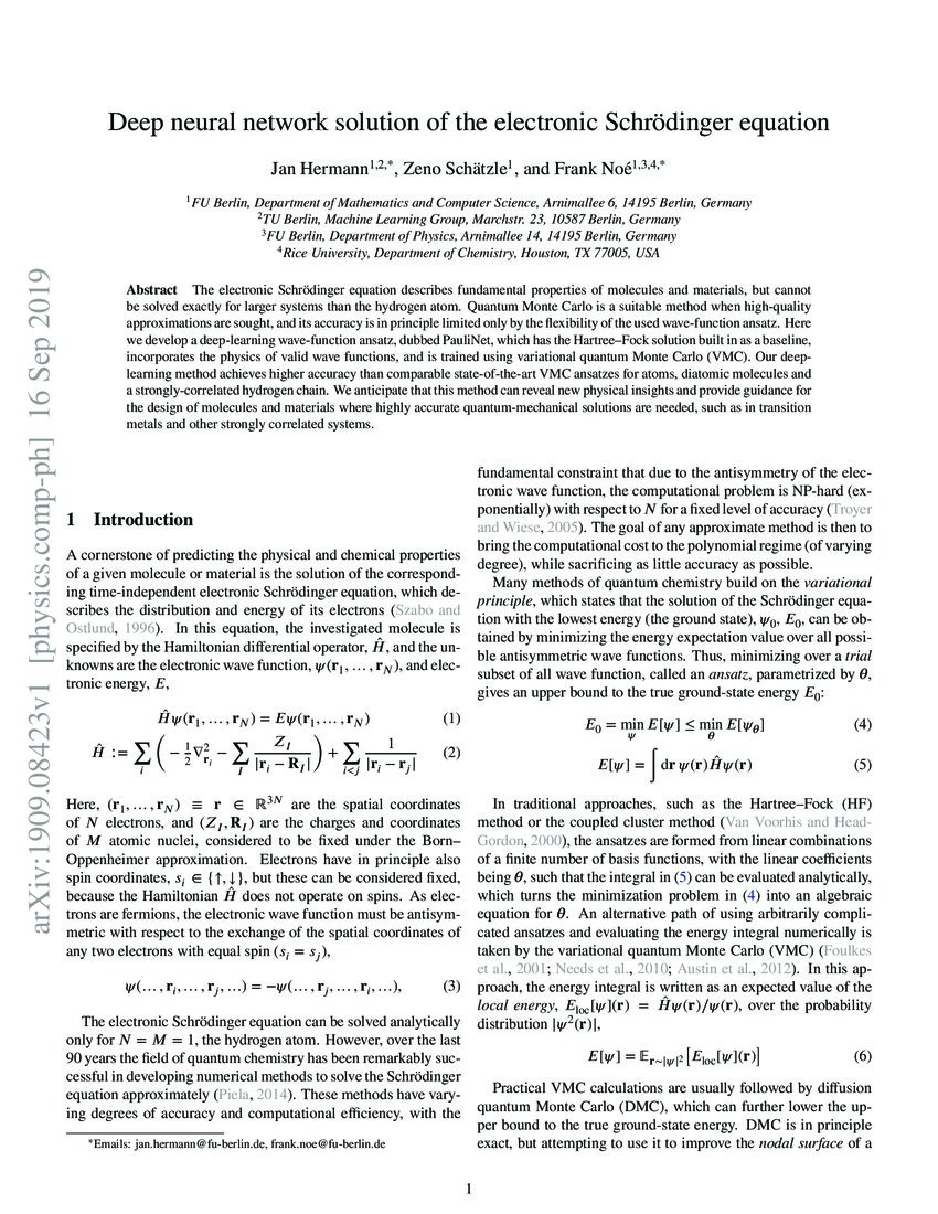 Deep Neural Network Solution Of The Electronic Schrödinger Equation Deepai