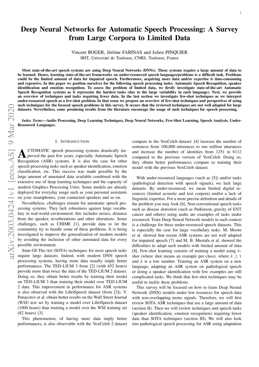 Deep Neural Networks for Automatic Speech Processing: A Survey from Large Corpora to Limited ...