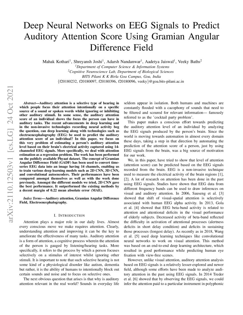Deep Neural Networks On Eeg Signals To Predict Auditory Attention Score Using Gramian Angular