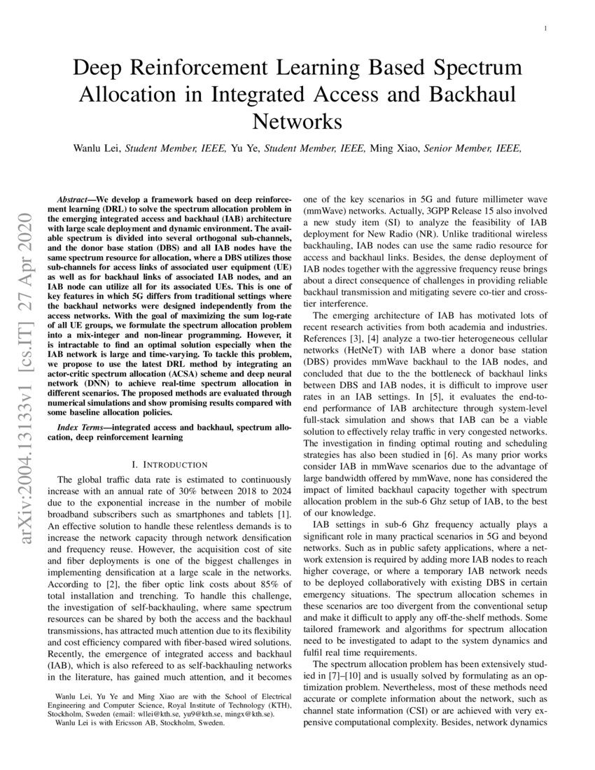 Deep Reinforcement Learning Based Spectrum Allocation in Integrated Access and Backhaul Networks ...