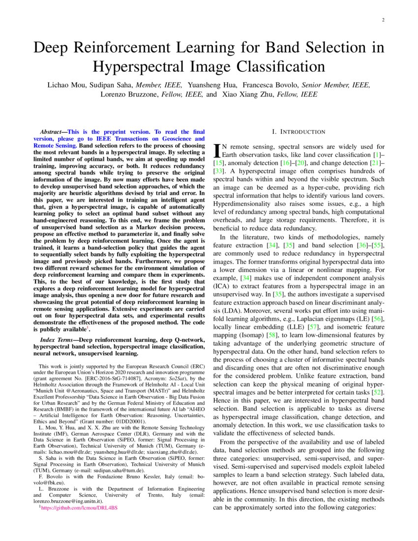 Deep Reinforcement Learning for Band Selection in Hyperspectral Image Classification | DeepAI