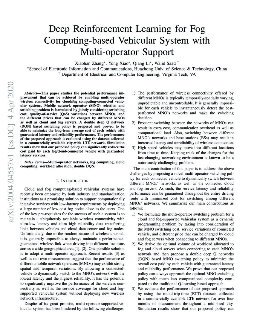 Deep Reinforcement Learning for Fog Computing-based Vehicular System with Multi-operator Support ...