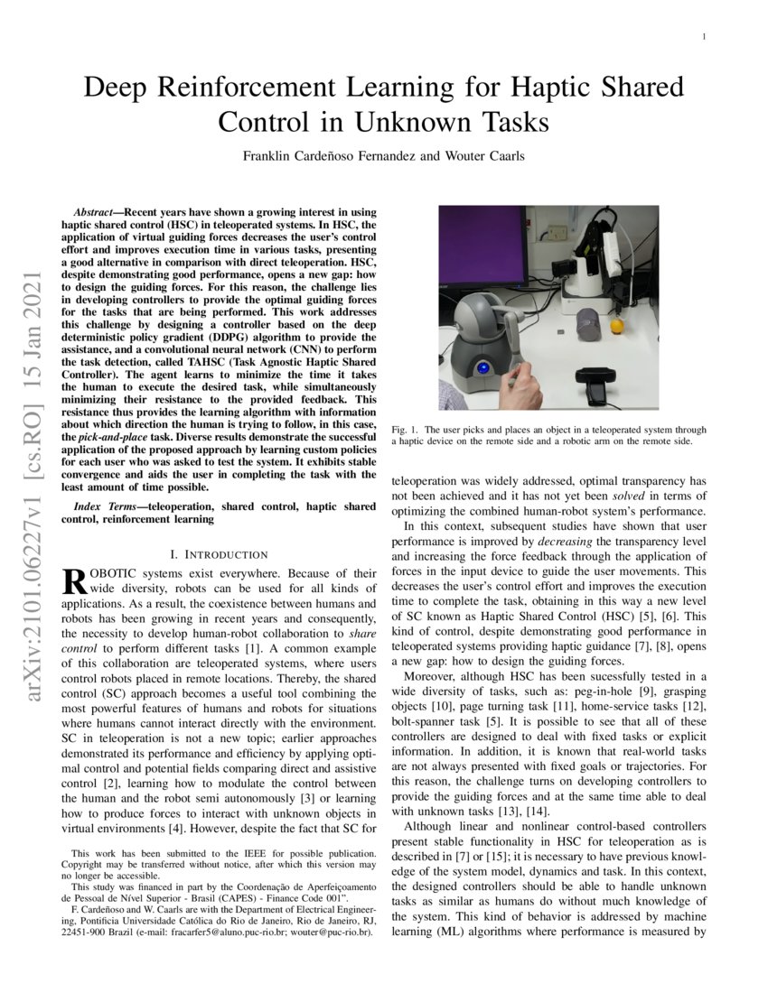 Deep Reinforcement Learning for Haptic Shared Control in Unknown Tasks | DeepAI