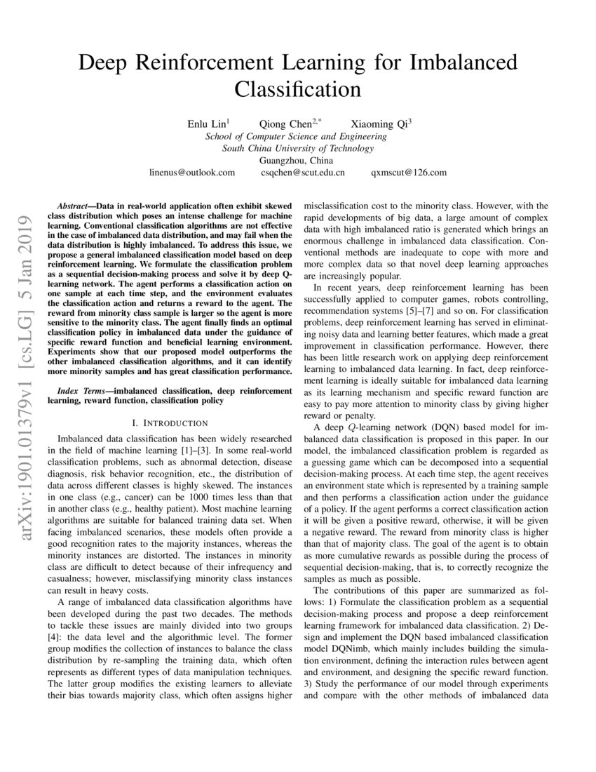Deep Reinforcement Learning for Imbalanced Classification | DeepAI