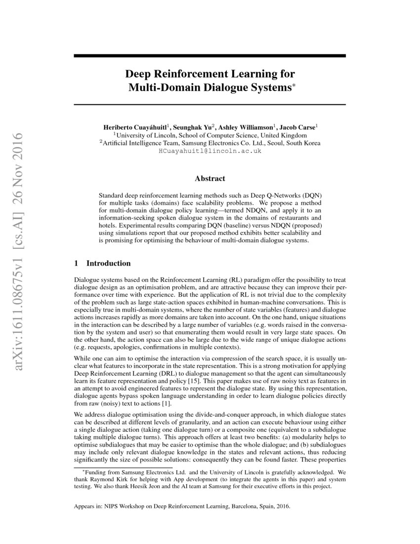 Deep Reinforcement Learning For Multi Domain Dialogue Systems Deepai