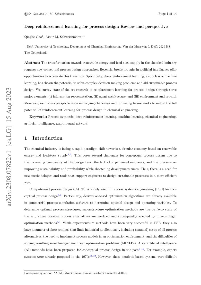 Deep reinforcement learning for process design: Review and perspective | DeepAI