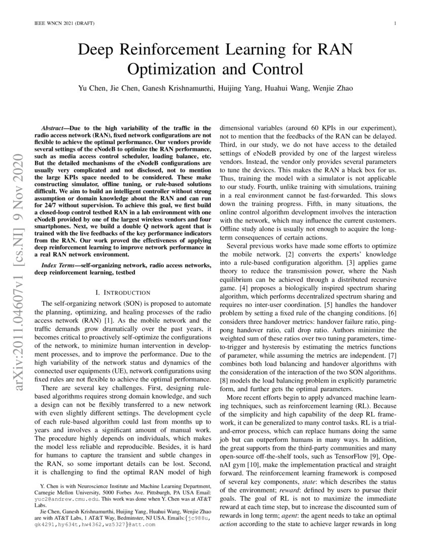Deep reinforcement learning for RAN optimization and control | DeepAI