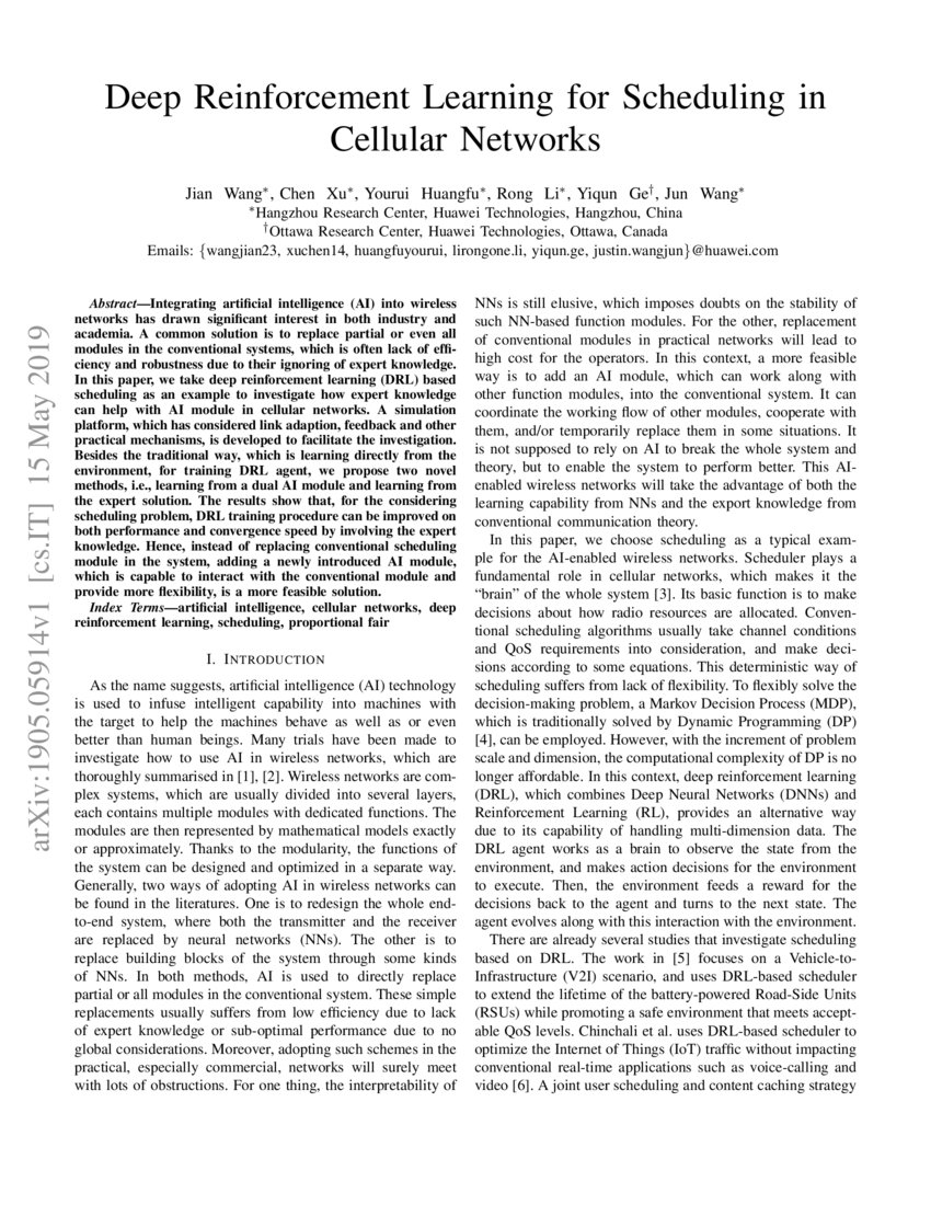 Deep Reinforcement Learning for Scheduling in Cellular Networks | DeepAI