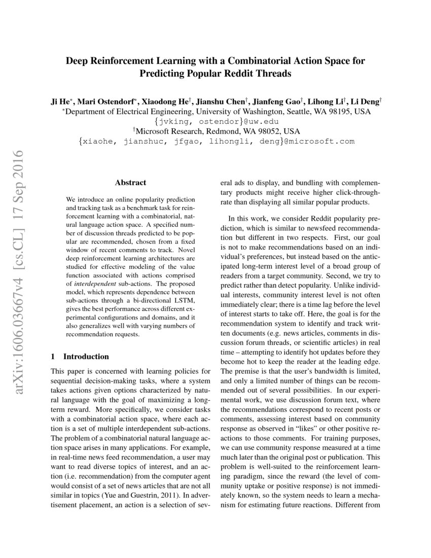 Deep Reinforcement Learning With A Combinatorial Action Space For Predicting Popular Reddit