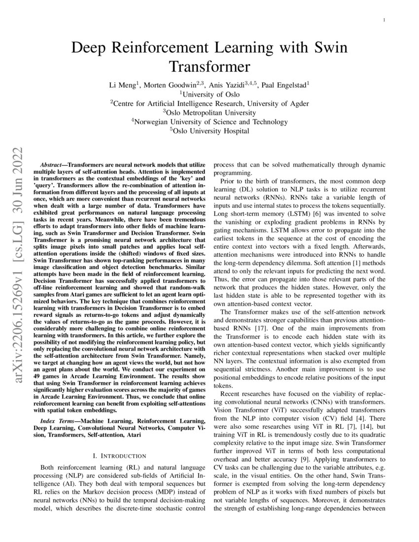 Deep Reinforcement Learning with Swin Transformer | DeepAI