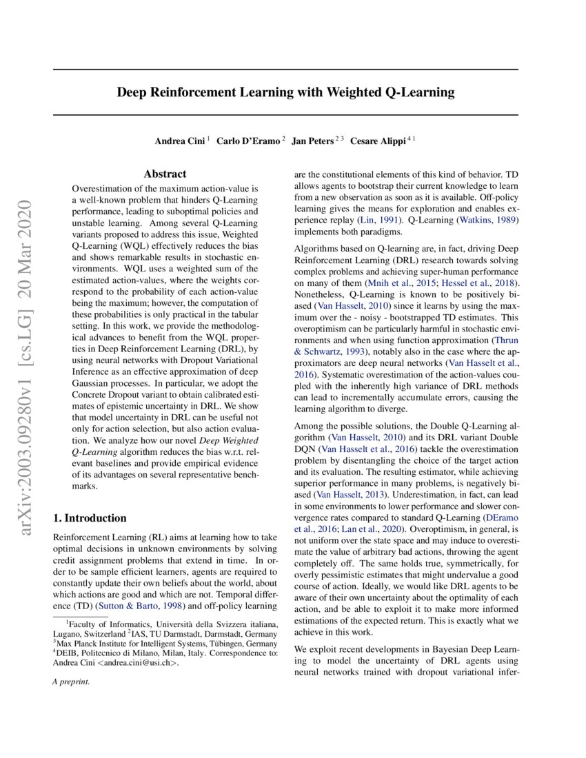 Deep Reinforcement Learning with Weighted Q-Learning | DeepAI
