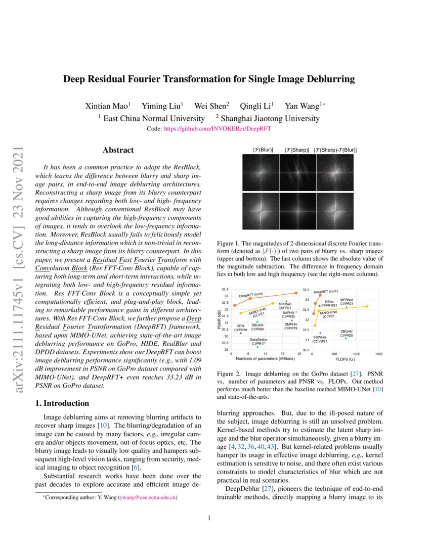 Deep Residual Fourier Transformation for Single Image Deblurring | DeepAI