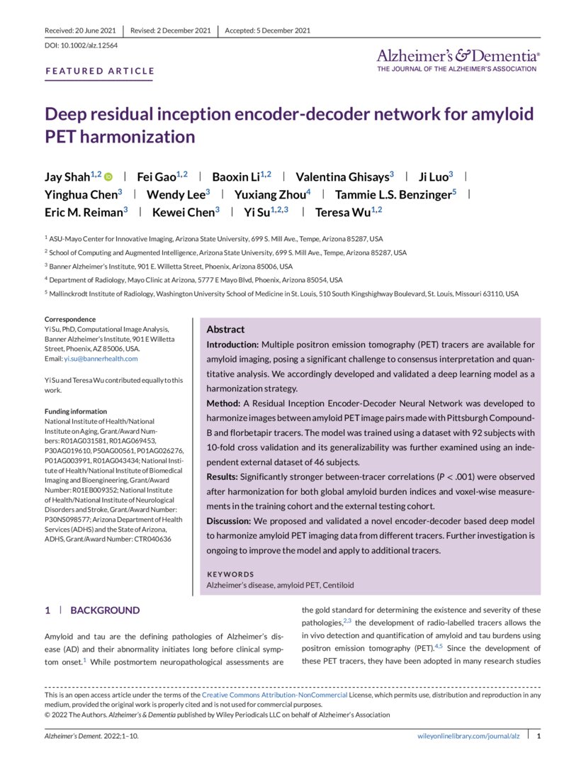 Deep Residual Inception Encoder-Decoder Network for Amyloid PET Harmonization | DeepAI