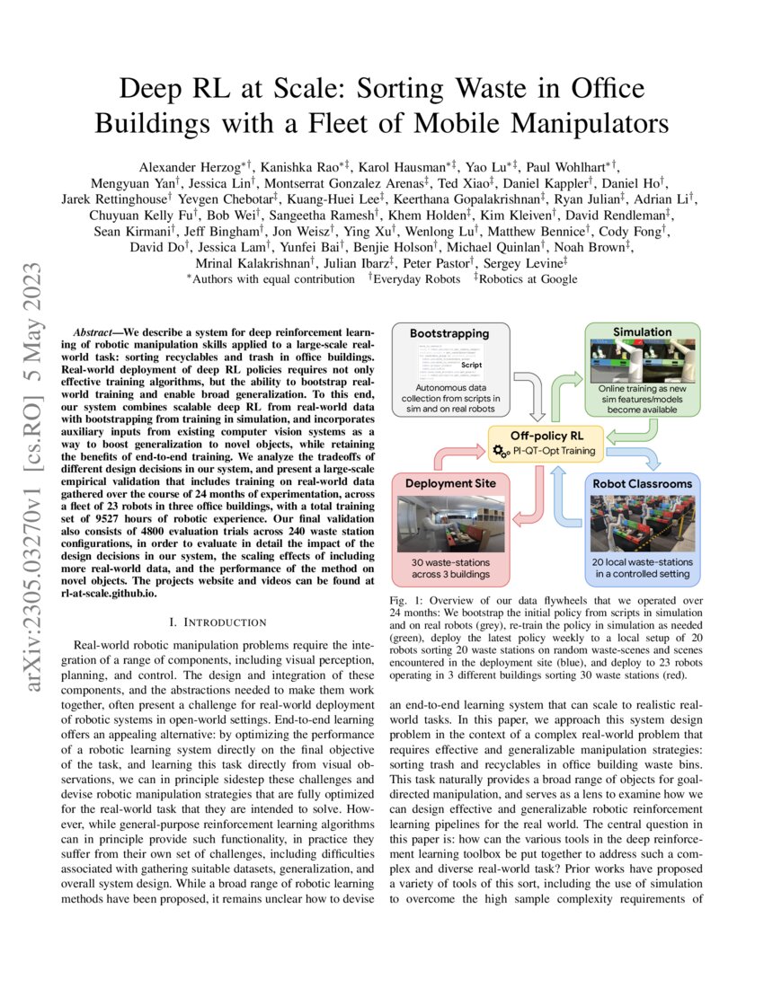 Deep RL at Scale: Sorting Waste in Office Buildings with a Fleet of Mobile Manipulators | DeepAI
