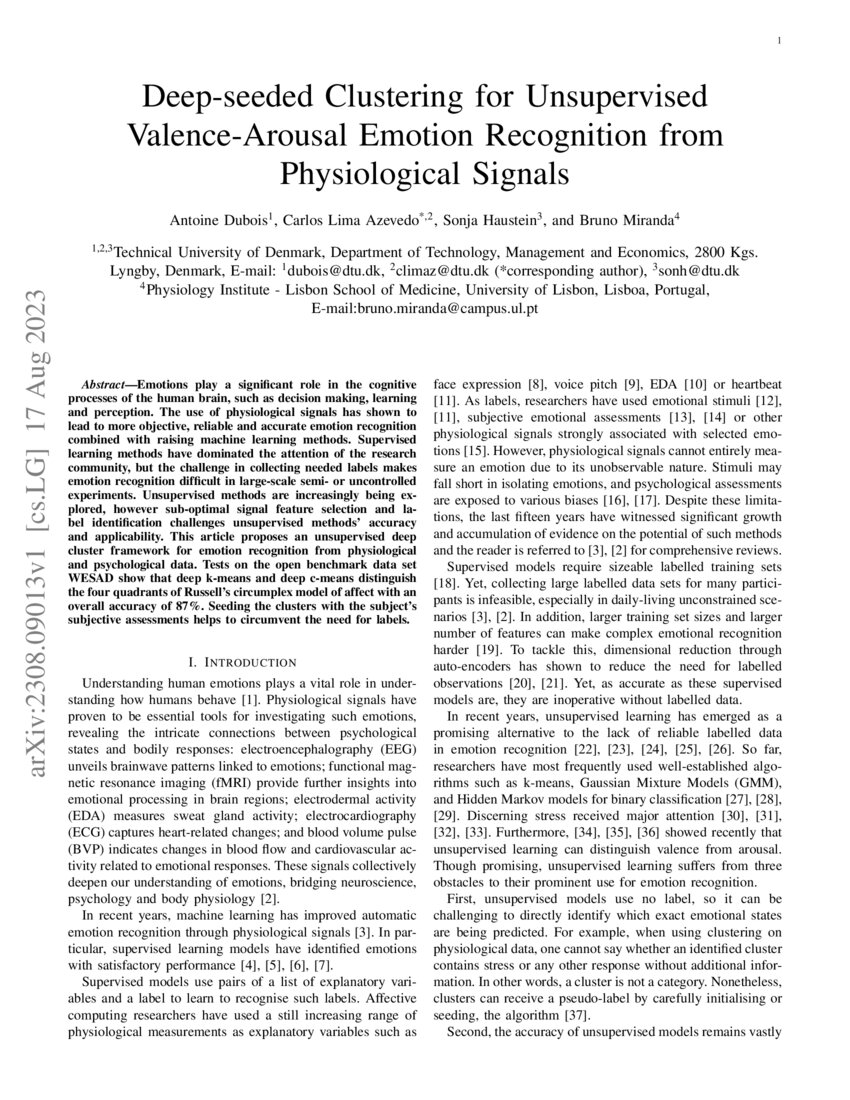 Deep Seeded Clustering For Unsupervised Valence Arousal Emotion Recognition From Physiological